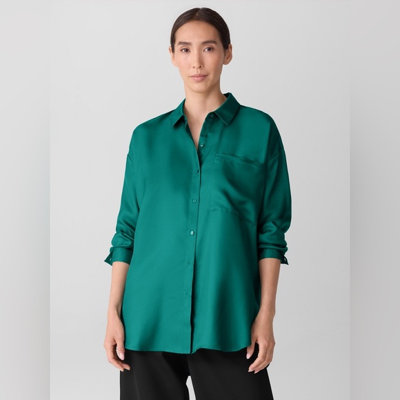Eileen Fisher | Tops | Nwt Eileen Fisher Silk Twill Classic Collar Long ...